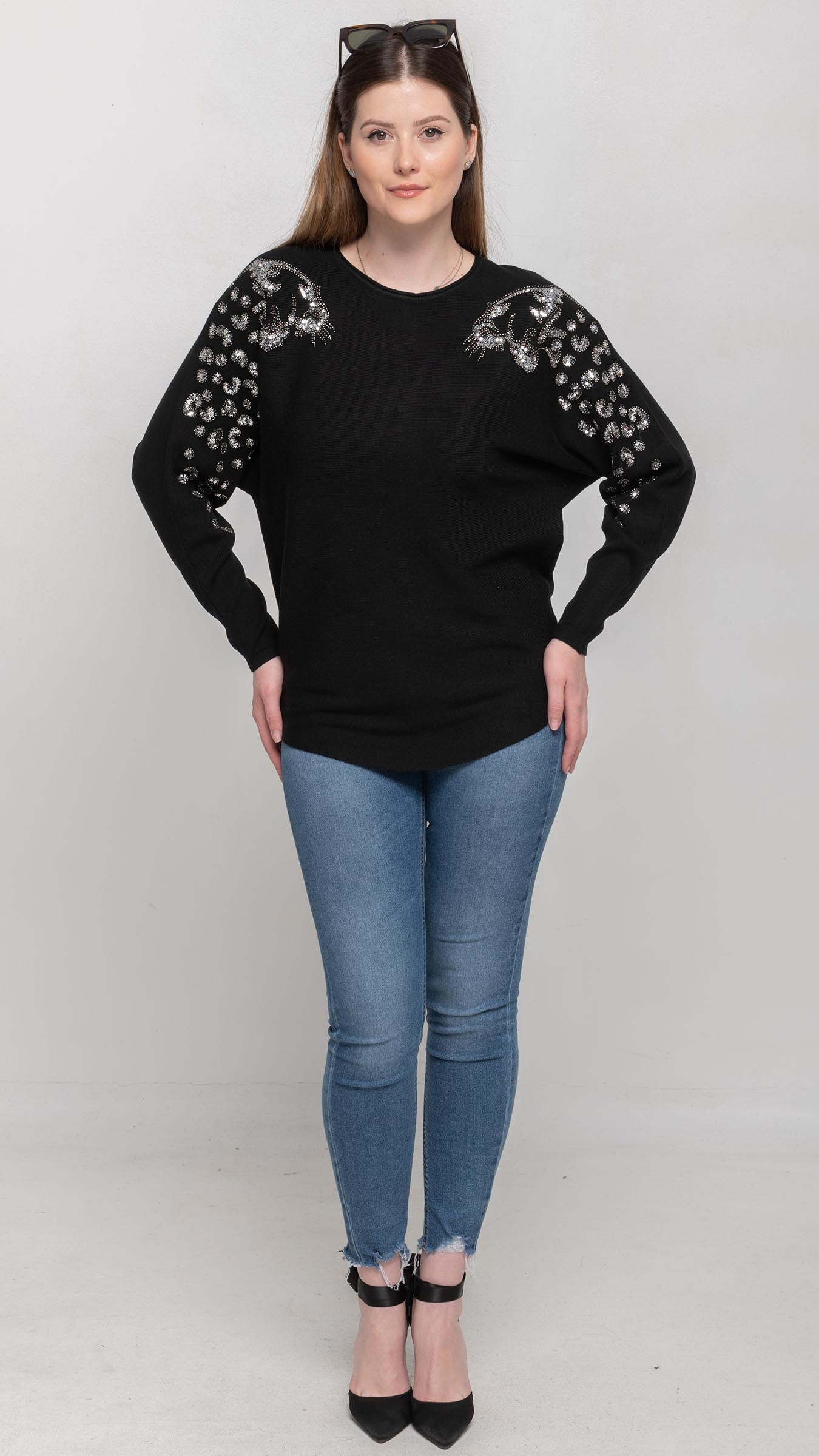 Sweater with Sequin on Shoulder in Black – Nikky Apparels